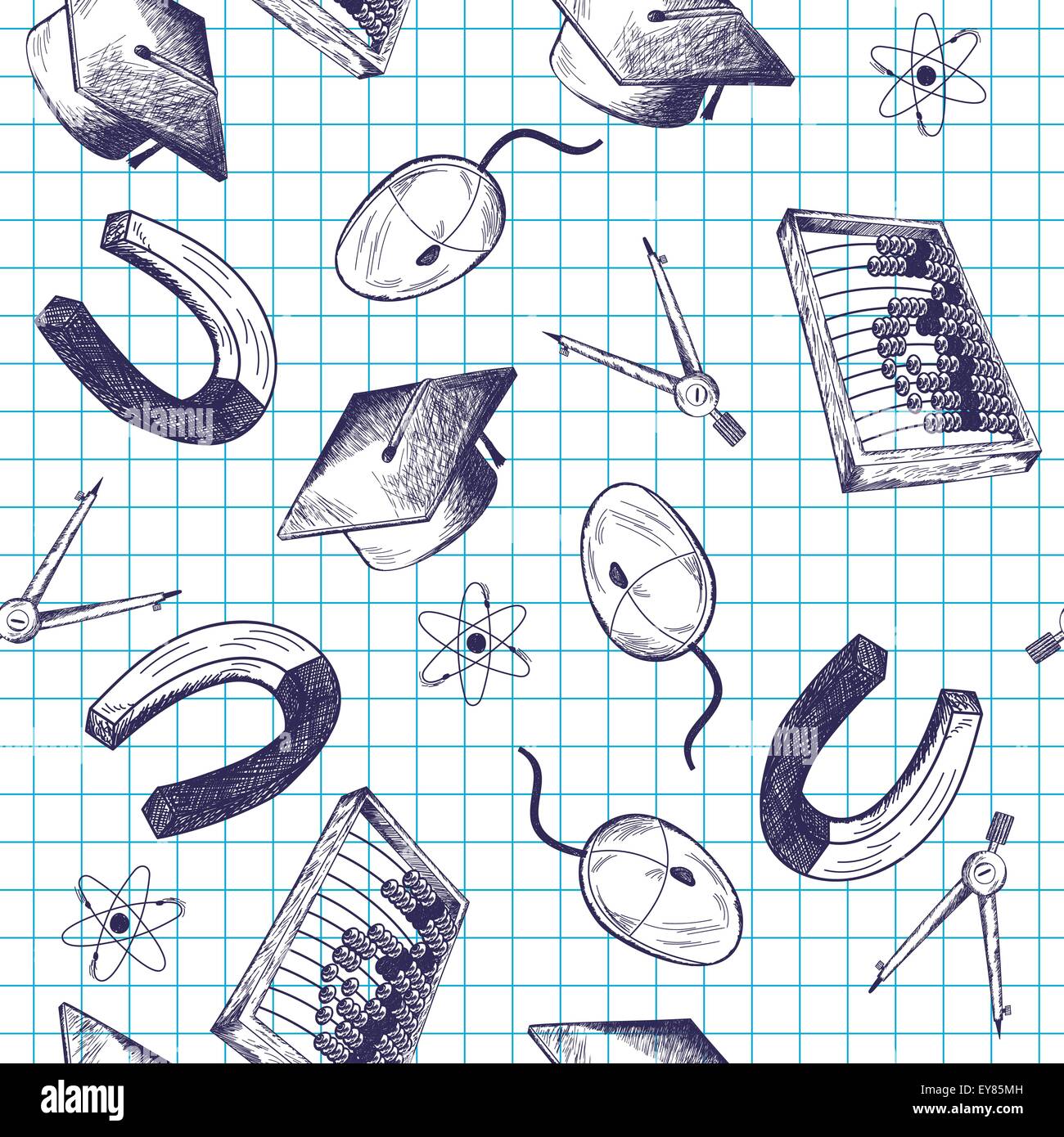 Seamless pattern with hand drawn education theme on checkered copybook ...