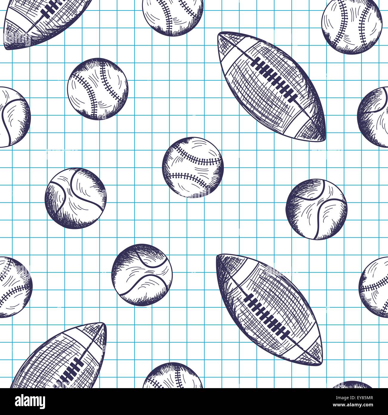 Seamless pattern with hand drawn different sport balls on checkered ...