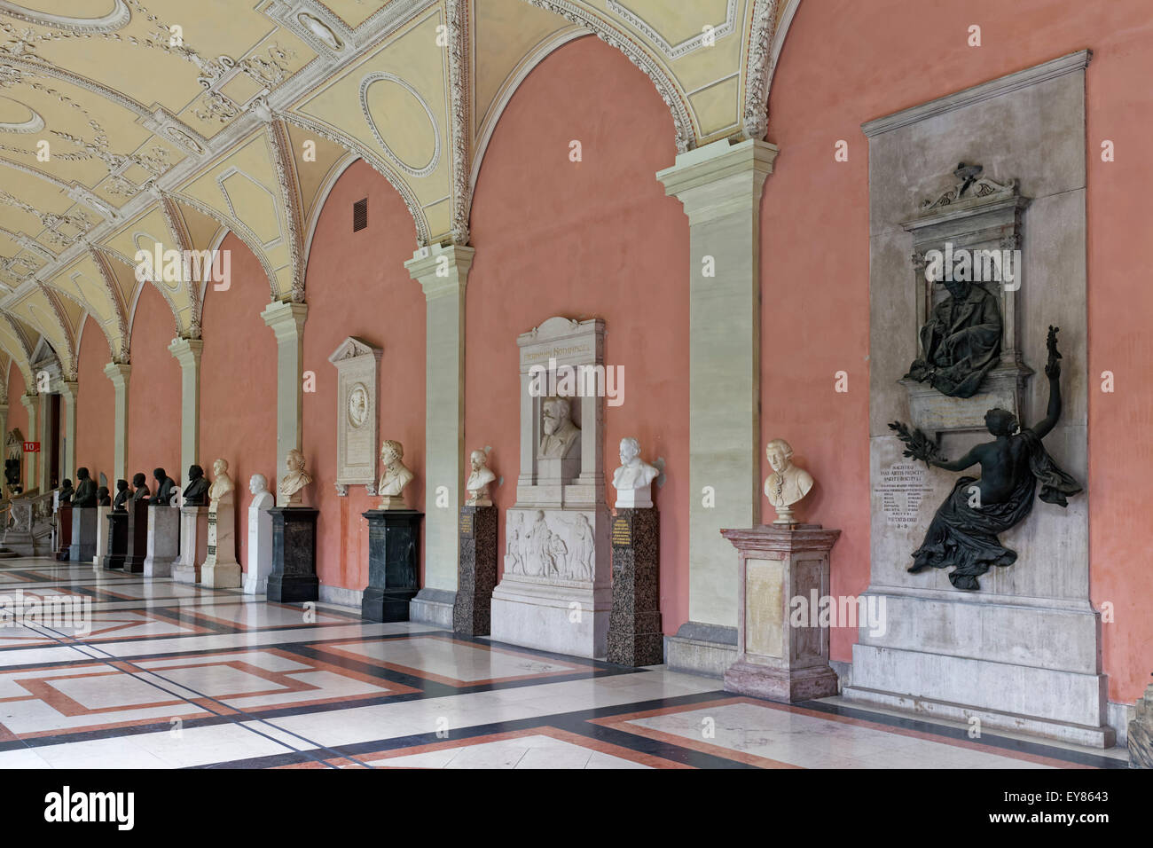Arcades of the Vienna University, with busts and memorials of important ...
