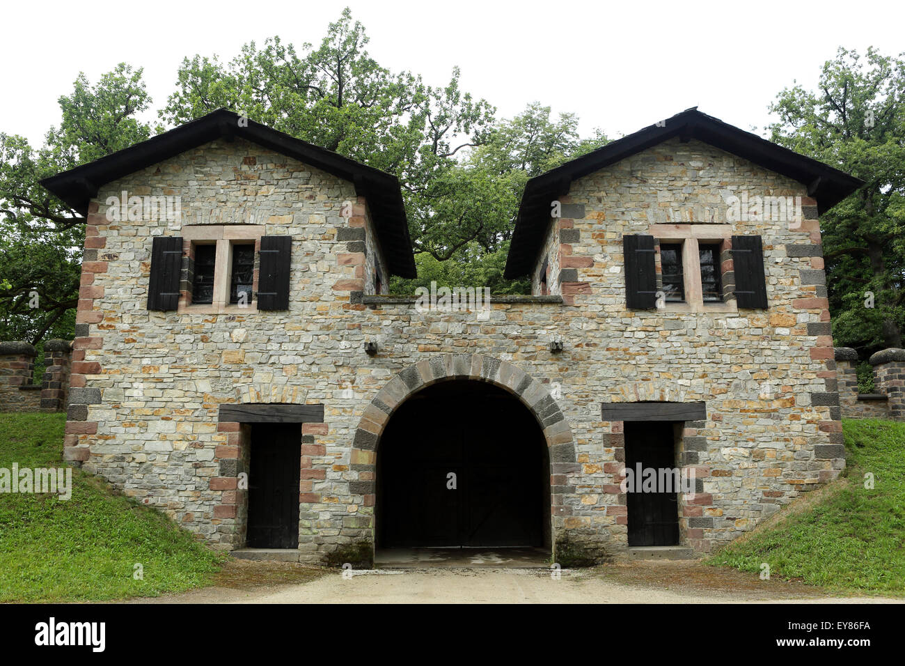 The rear gate of the reconstructed Roman fort at Saalburg near Bad ...