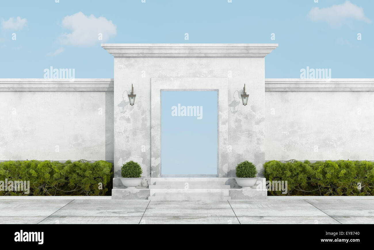 Old wall fence with stone portal without gate on blue sky Stock Photo ...