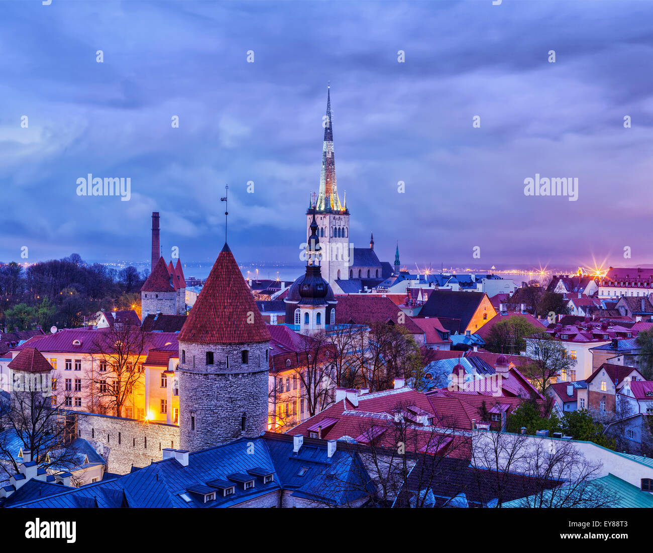 Aerial view of Tallinn Medieval Old Town with St. Olaf's Church and ...
