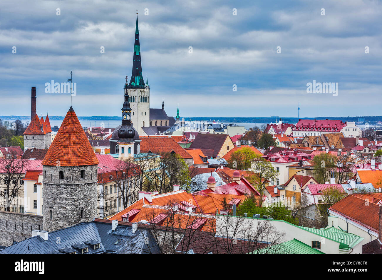 Aerial view of Tallinn Medieval Old Town with St. Olaf's Church and ...