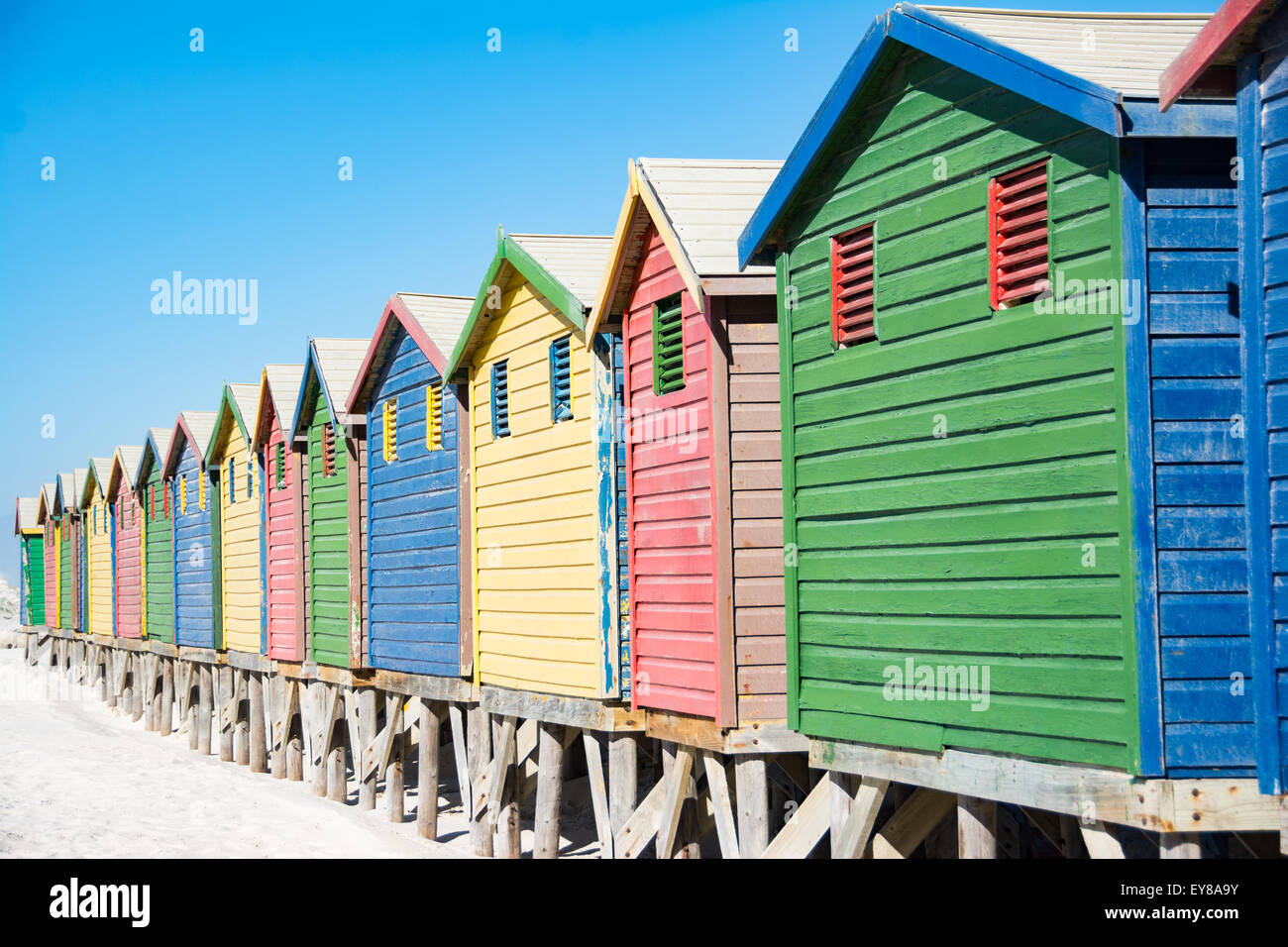 Colorful bathhouses at Muizenberg, Cape Town, South Africa, standing in ...