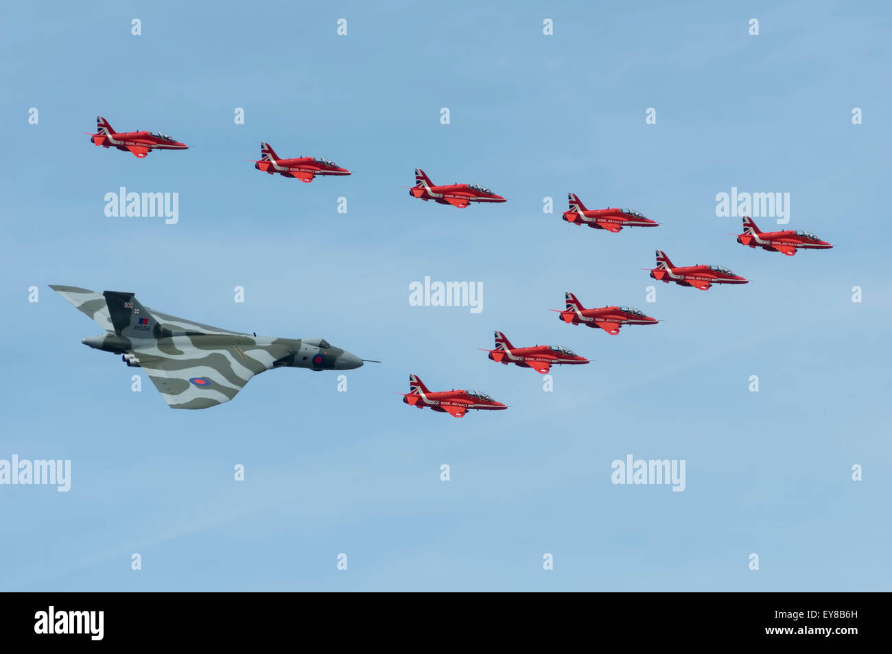 Vulcan in formation with the red arrows at RIAT fairford 2015 Stock ...