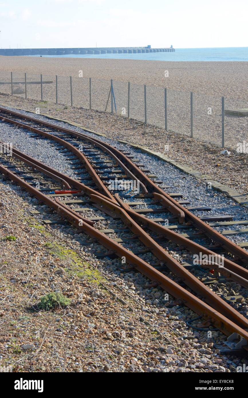 Railway tracks across Brighton beach in East Sussex, England. Points ...