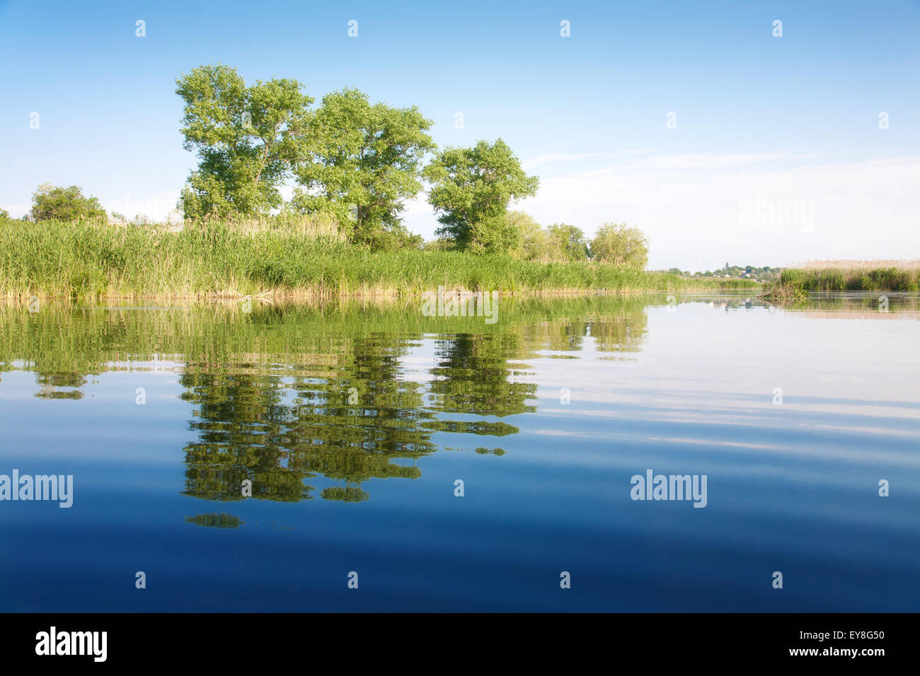 River landscape with sky reflection in water Stock Photo - Alamy