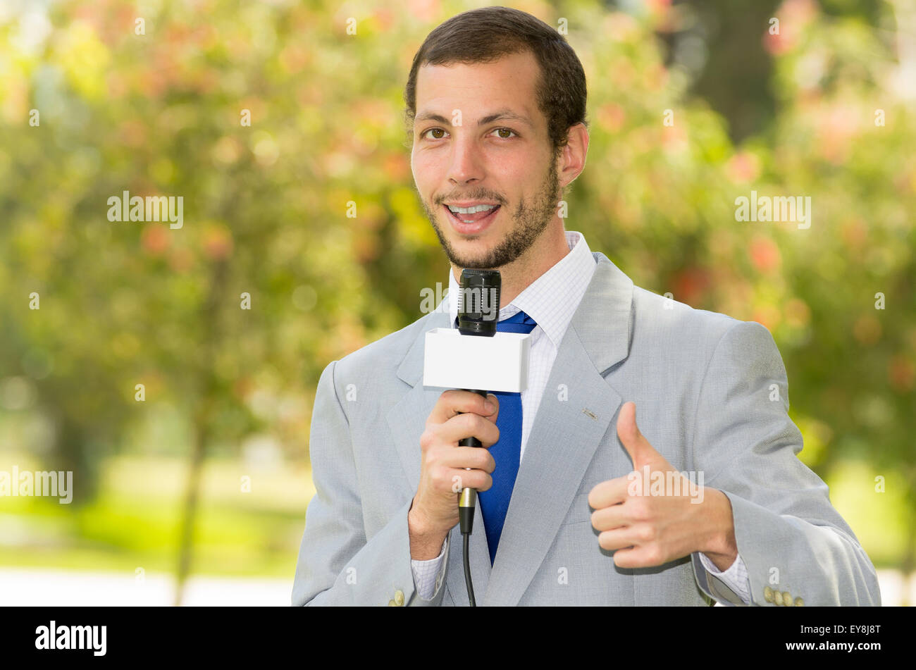 Successful handsome male news reporter wearing light grey suit working ...