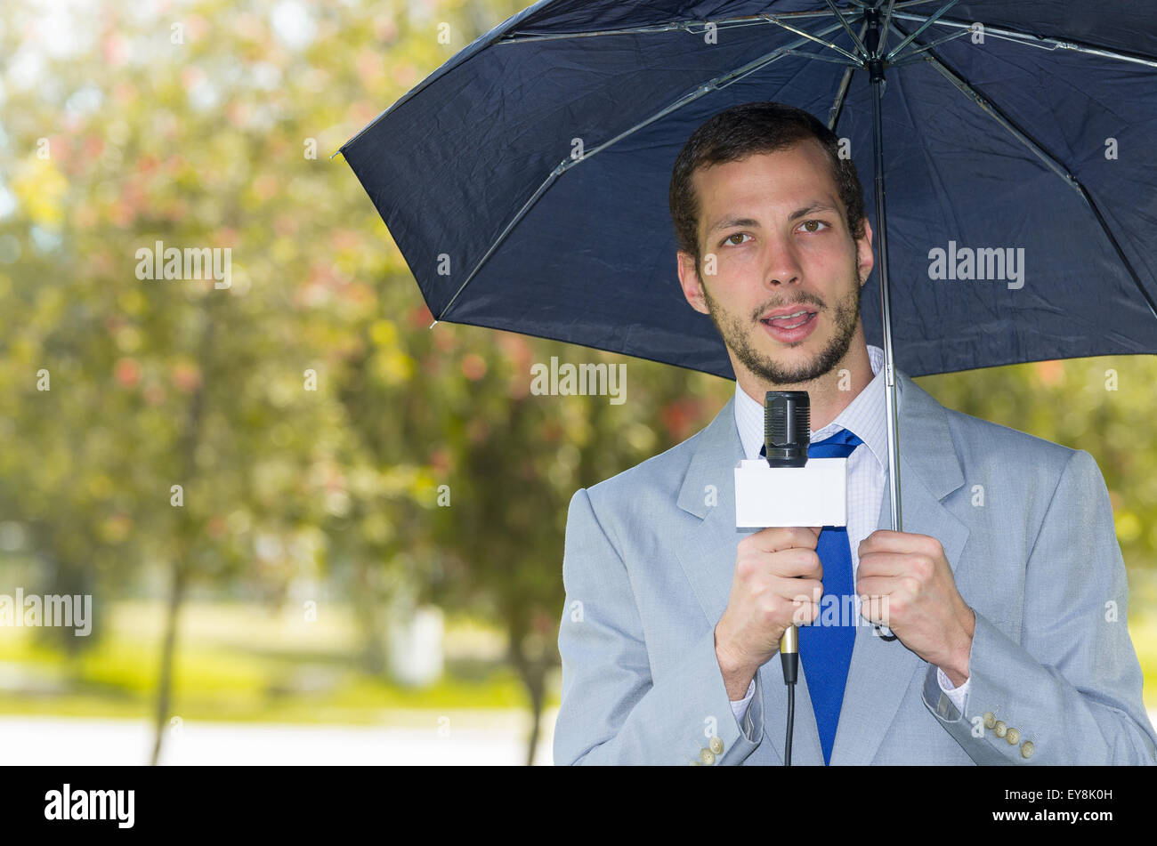 Successful handsome male journalist wearing light grey suit working in ...
