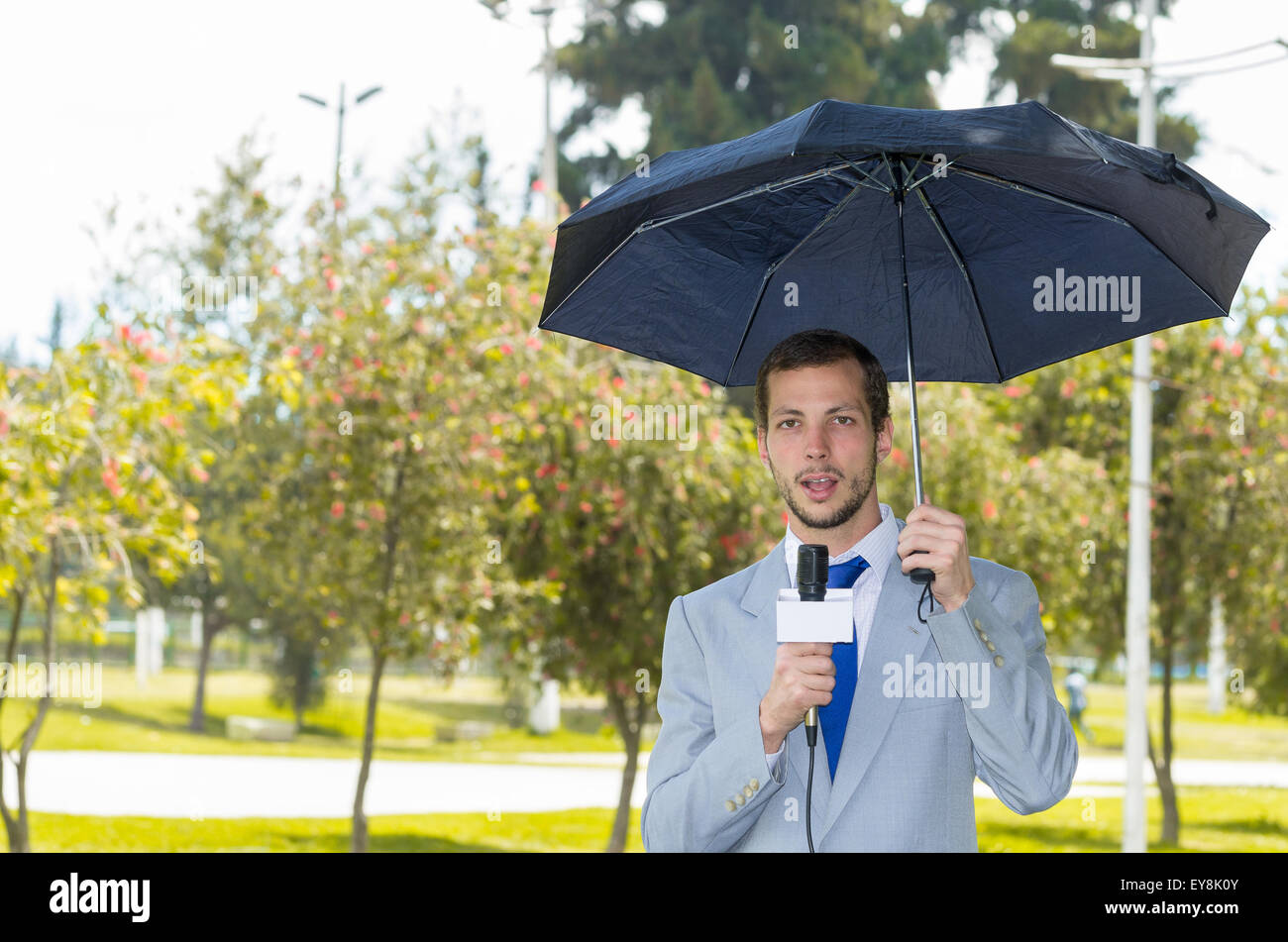 Successful handsome male journalist wearing light grey suit working in ...