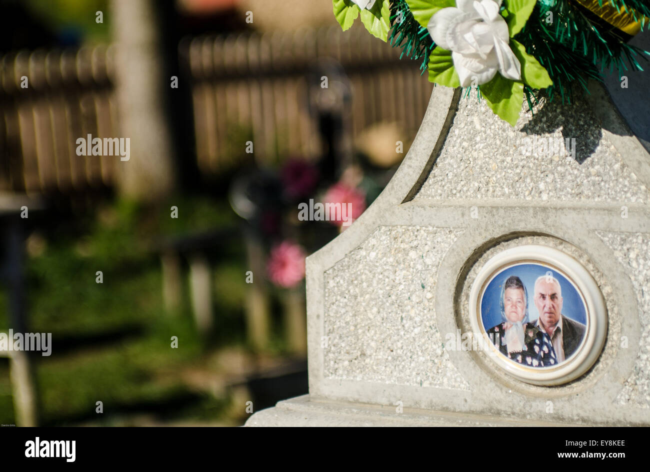 In a serene cemetery, a weathered cross marks the resting place ...