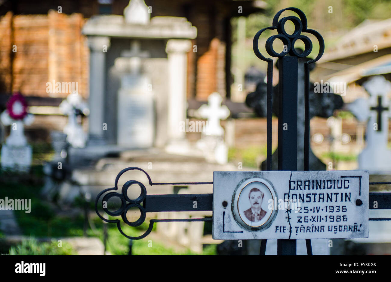 In a serene cemetery, a weathered cross marks the resting place ...