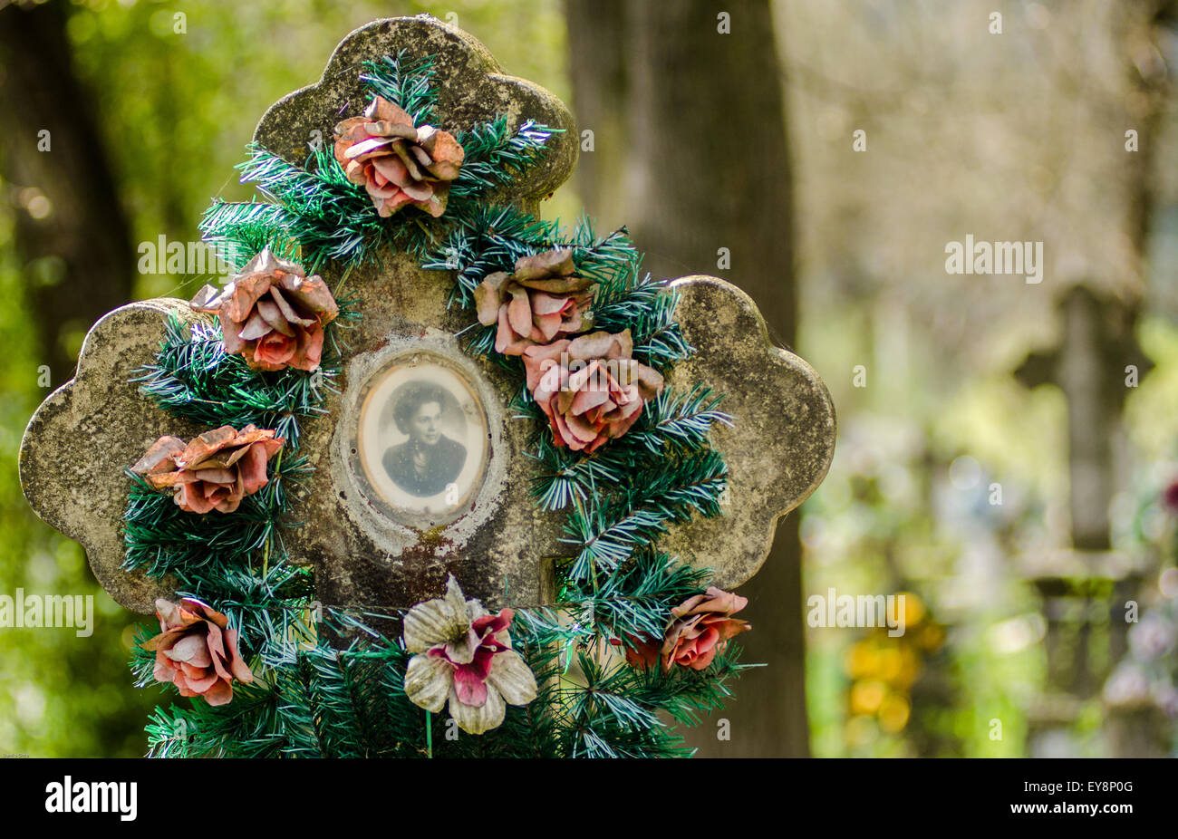In a serene cemetery, a weathered cross marks the resting place Surrounding gravestones create a ...