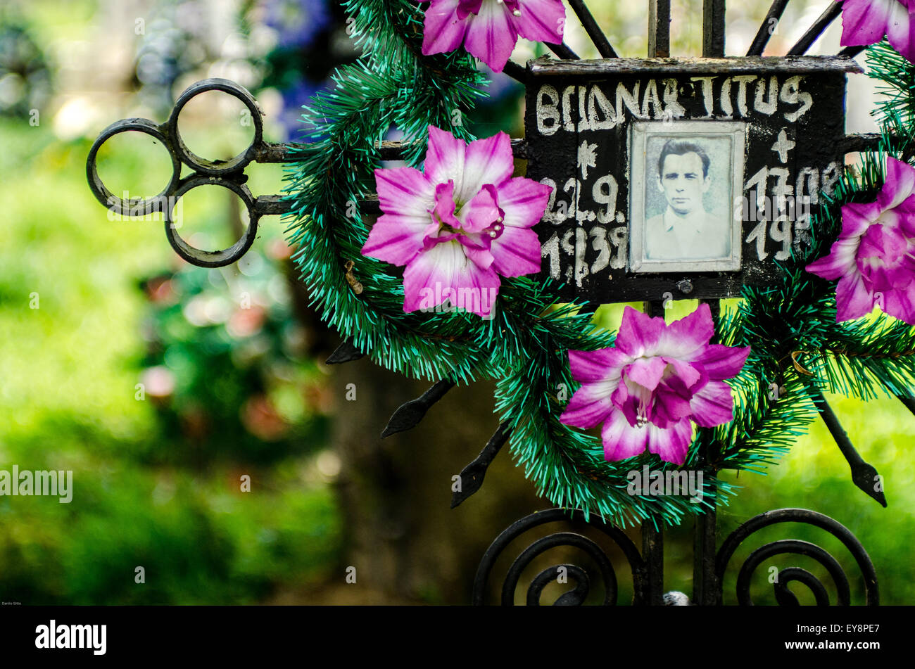 In a serene cemetery, a weathered cross marks the resting place ...