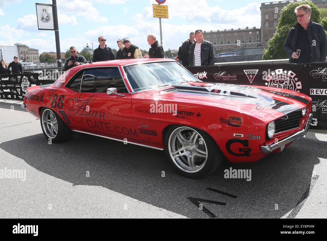 Cars arrive at the grid for the launch of the Gumball 3000 car rally ...