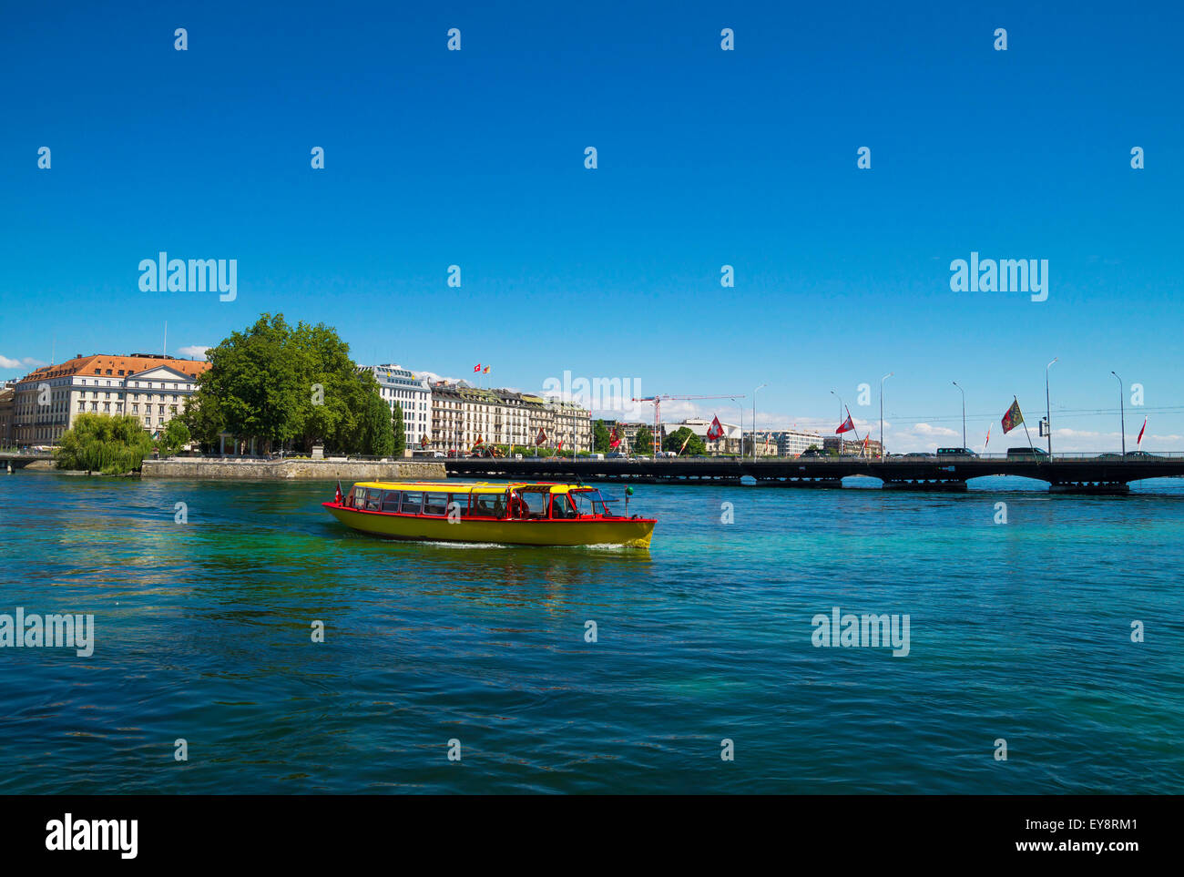 View of Geneva Lake with boat transportation in Geneva Harbor ...