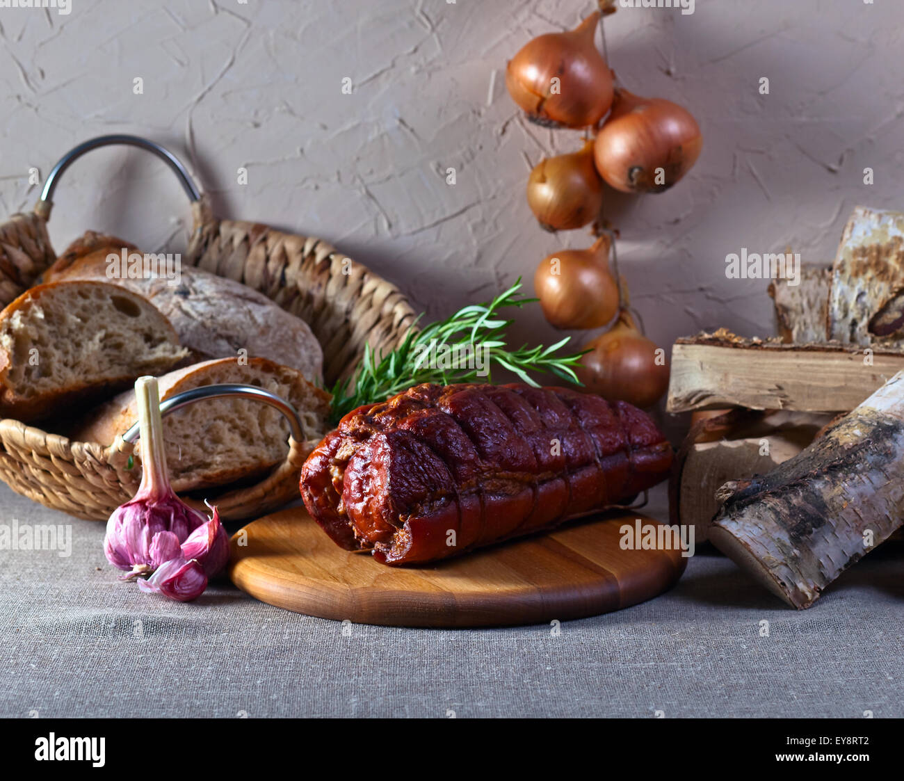 smoked meat with rosemary on a linen cloth Stock Photo - Alamy