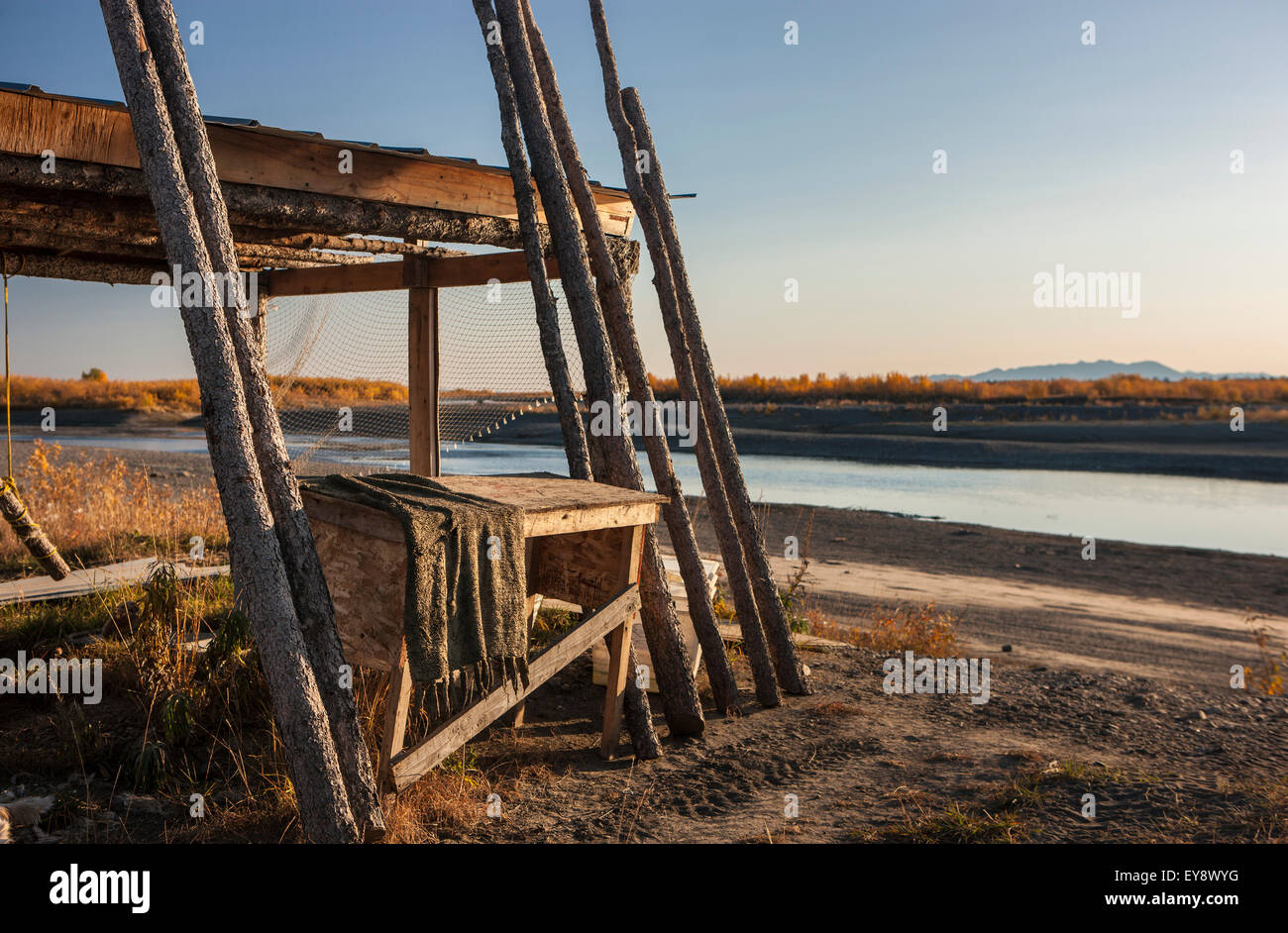 Wooden fish drying rack on the bank of the Noatak River; Noatak, Alaska ...