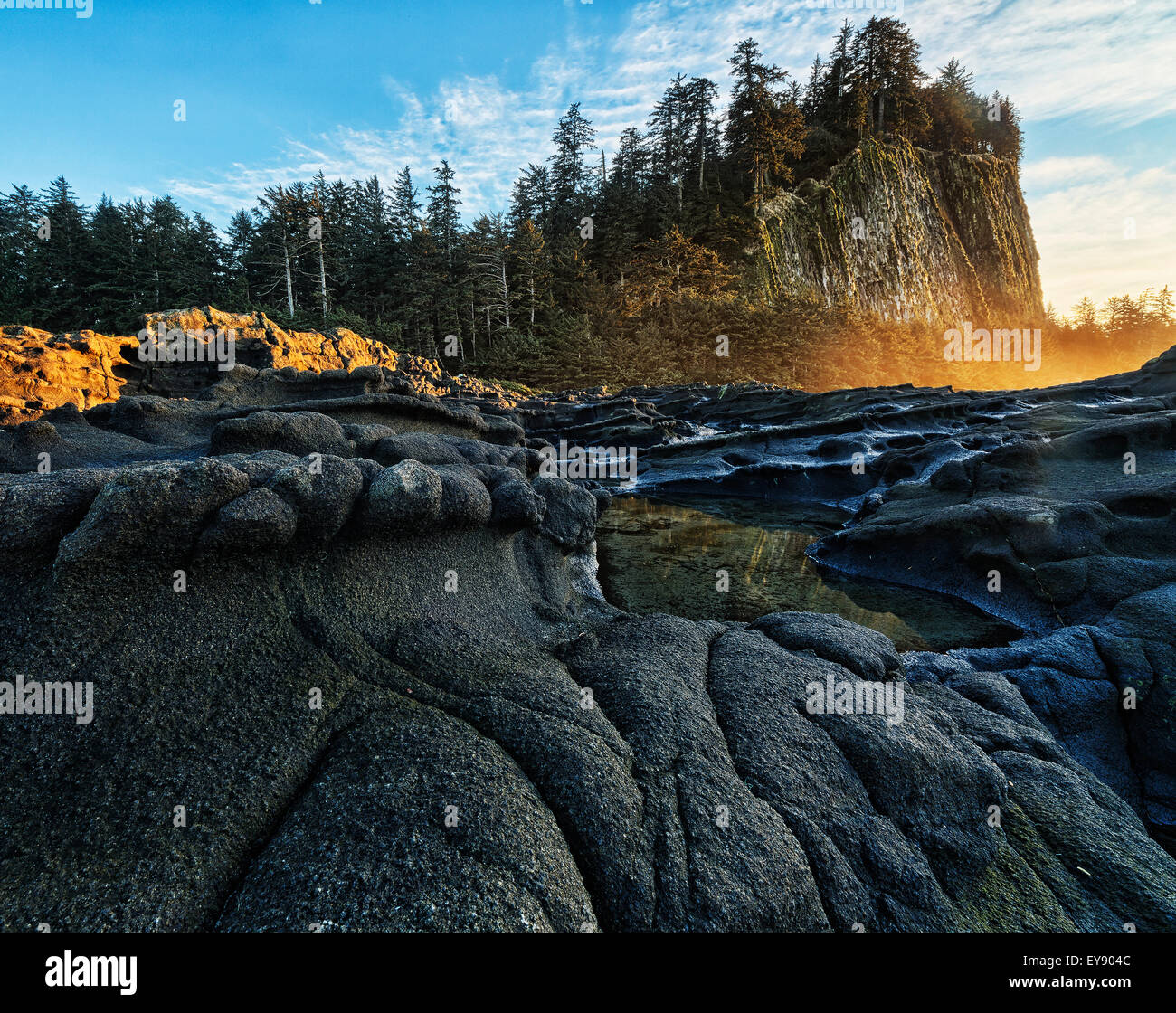 The volcanic bedrock near Tow Hill, Haida Gwaii at sunset; British ...