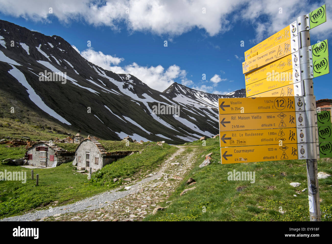 Signpost in Val Veny, valley of the Mont Blanc massif in the Italian ...