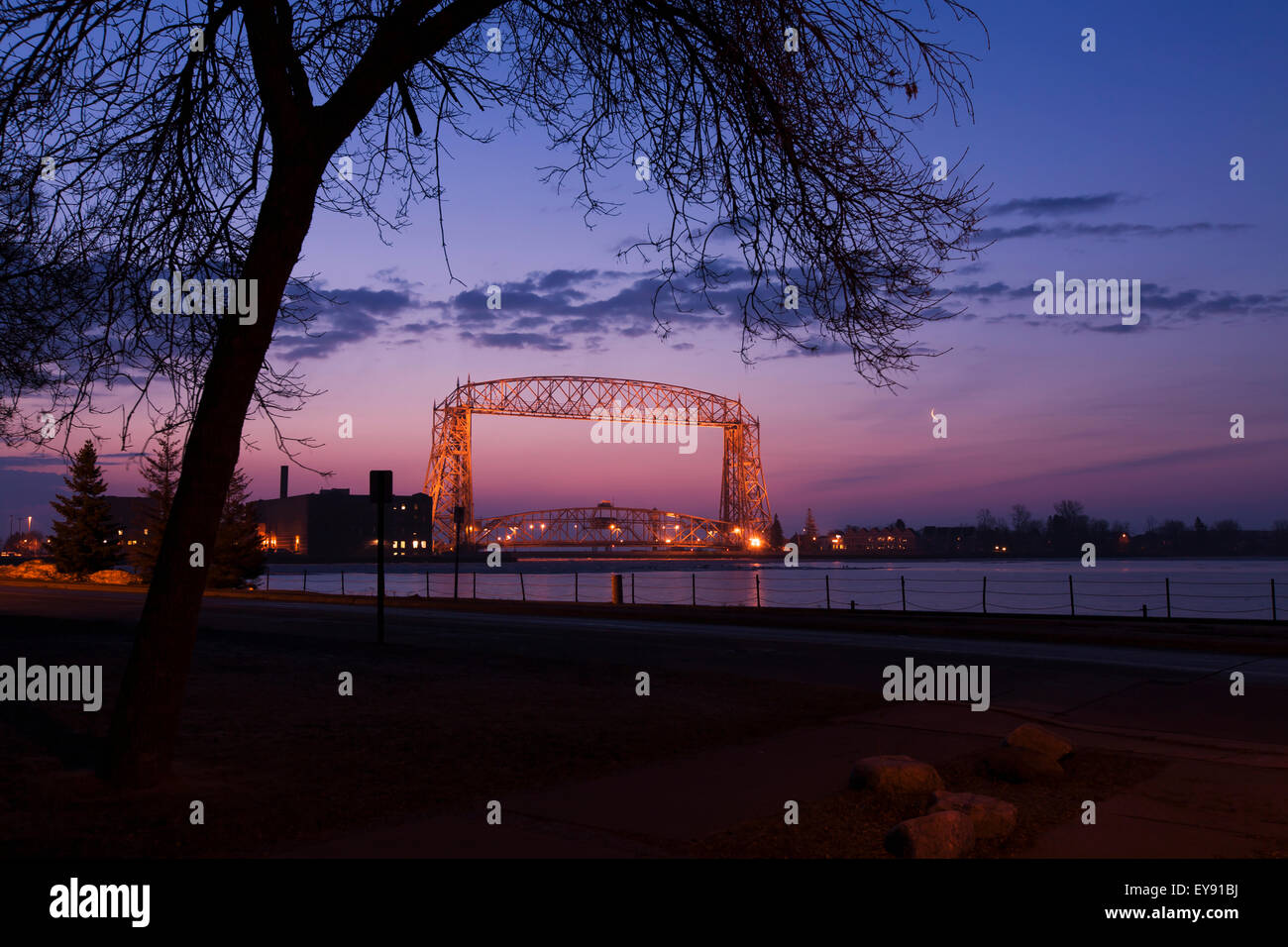 The aerial lift bridge and harbor at dawn; Duluth, Minnesota, United ...