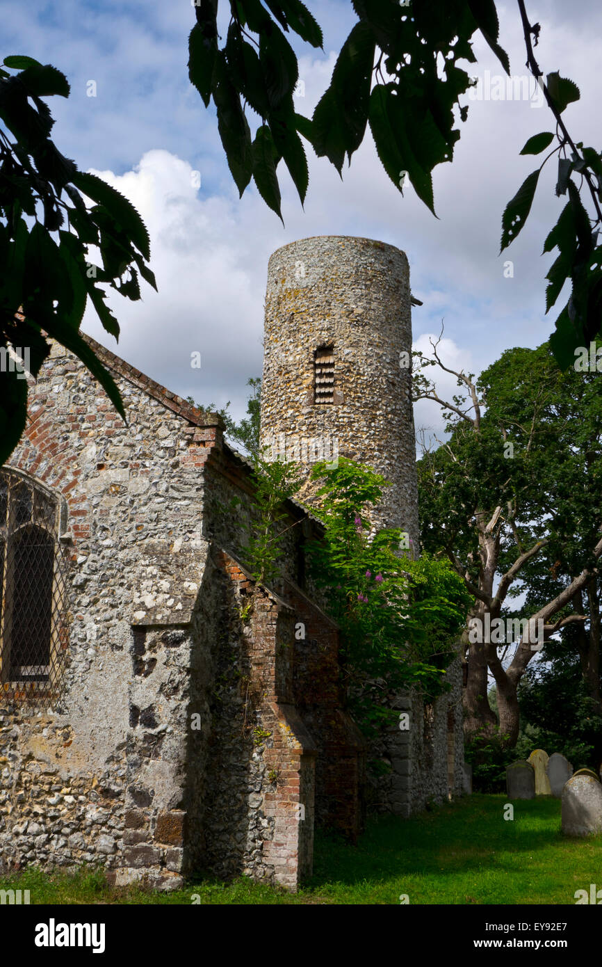 Church ruins old flint round tower Stock Photo - Alamy