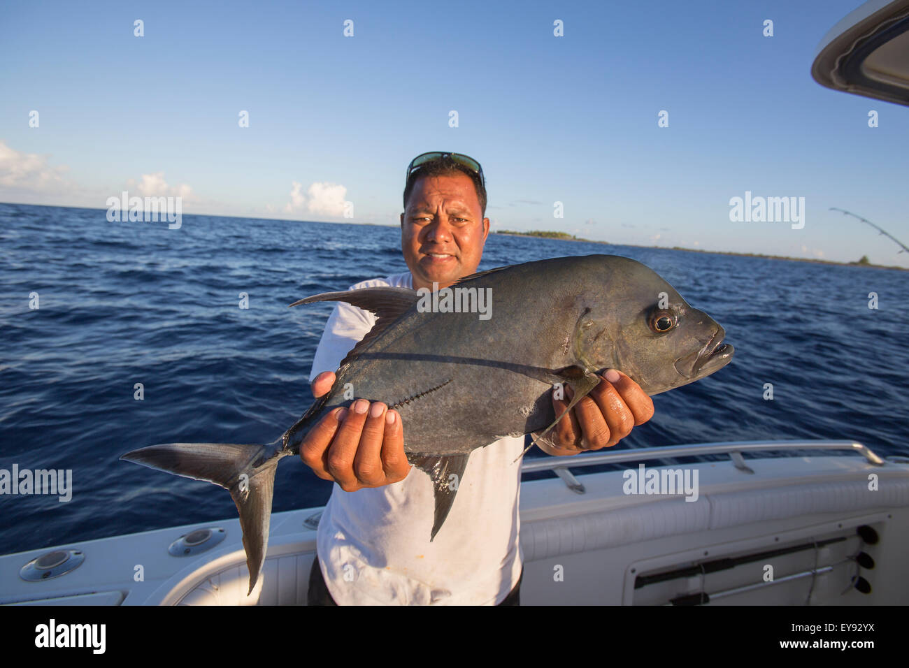 Fisherman holding fresh caught Jack fish (Carangidae); Tahiti Stock ...