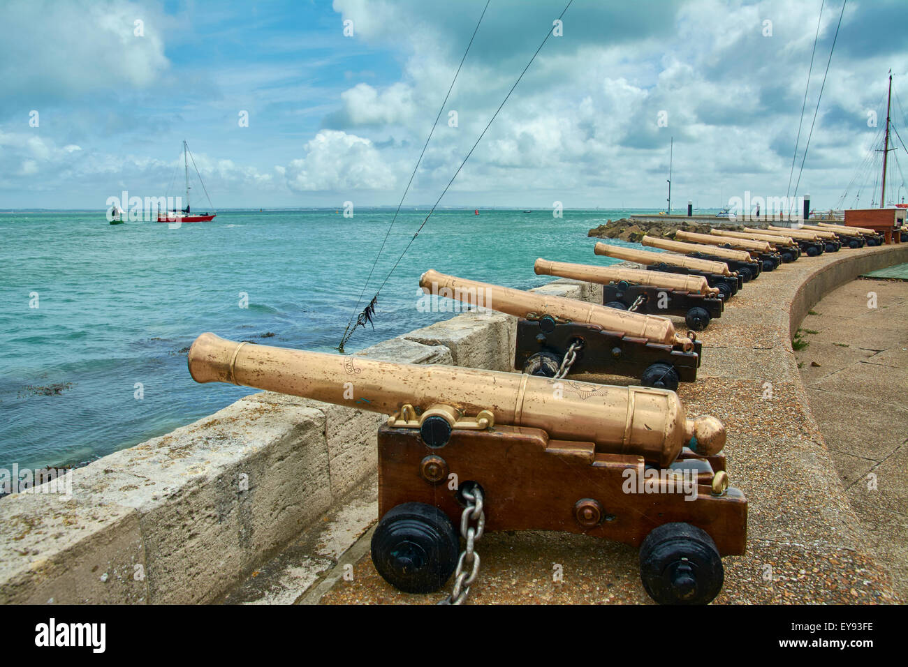 A row of cannon outside the start line at the yacht club in Cowes, Isle ...