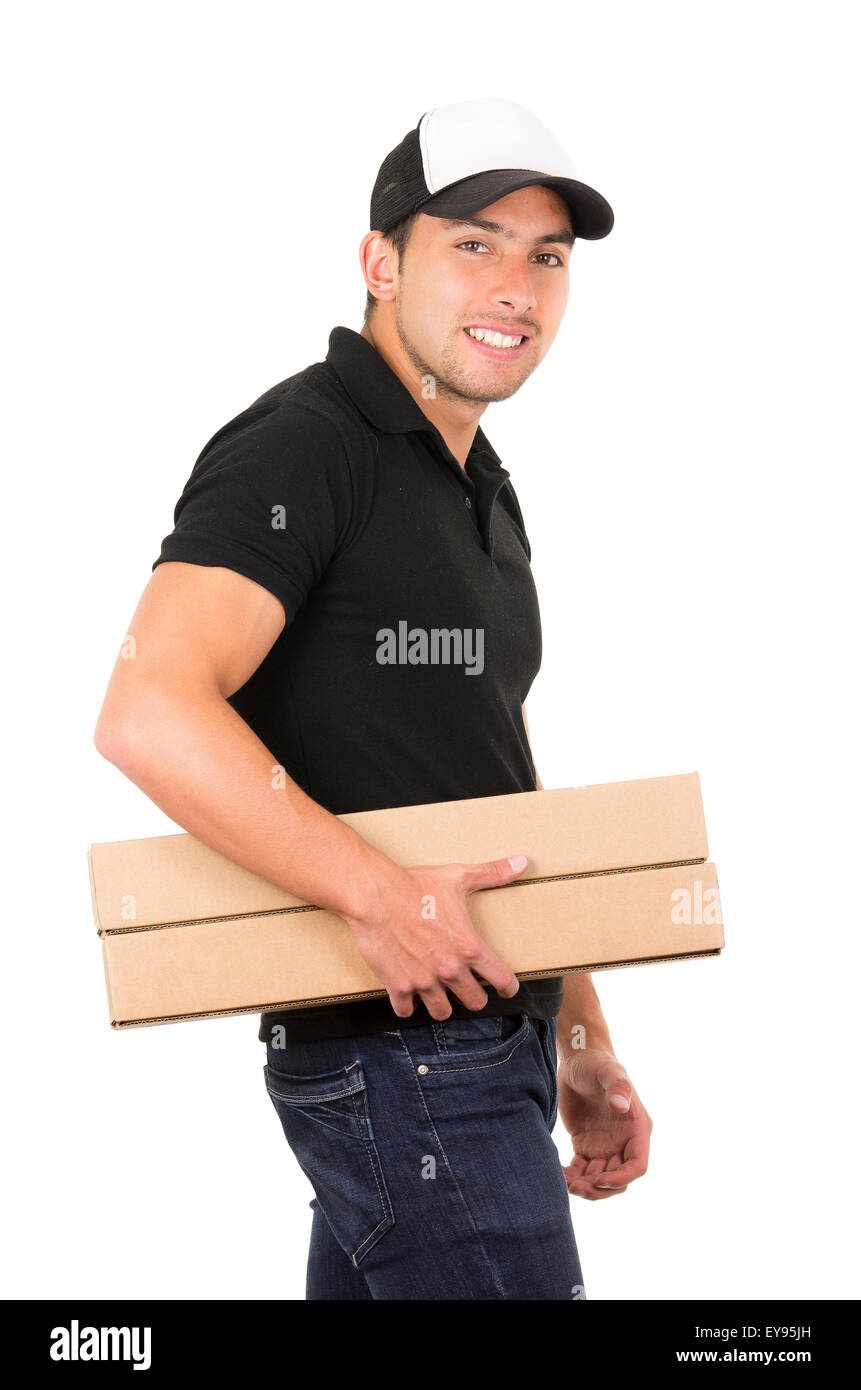 happy friendly confident delivery man carrying boxes Stock Photo - Alamy