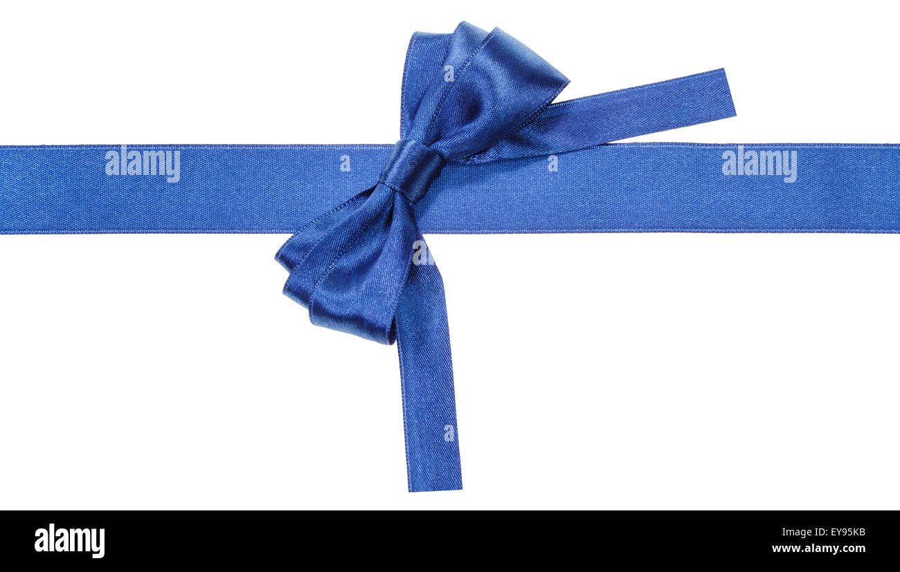 Turned real blue satin bow on narrow ribbon with square cut ends ...
