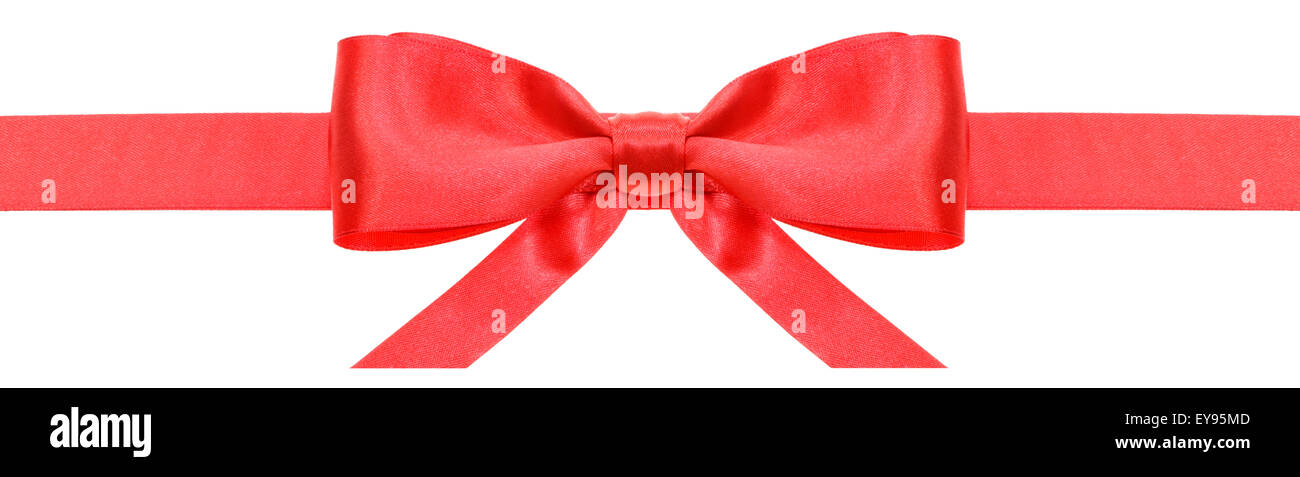 narrow red satin ribbon with symmetric bow with horizontal cut ends ...