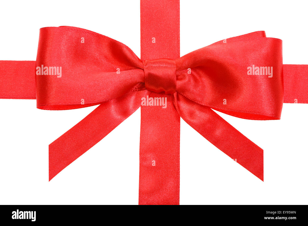 real red satin bow with vertical cut ends on vertical ribbon close up ...