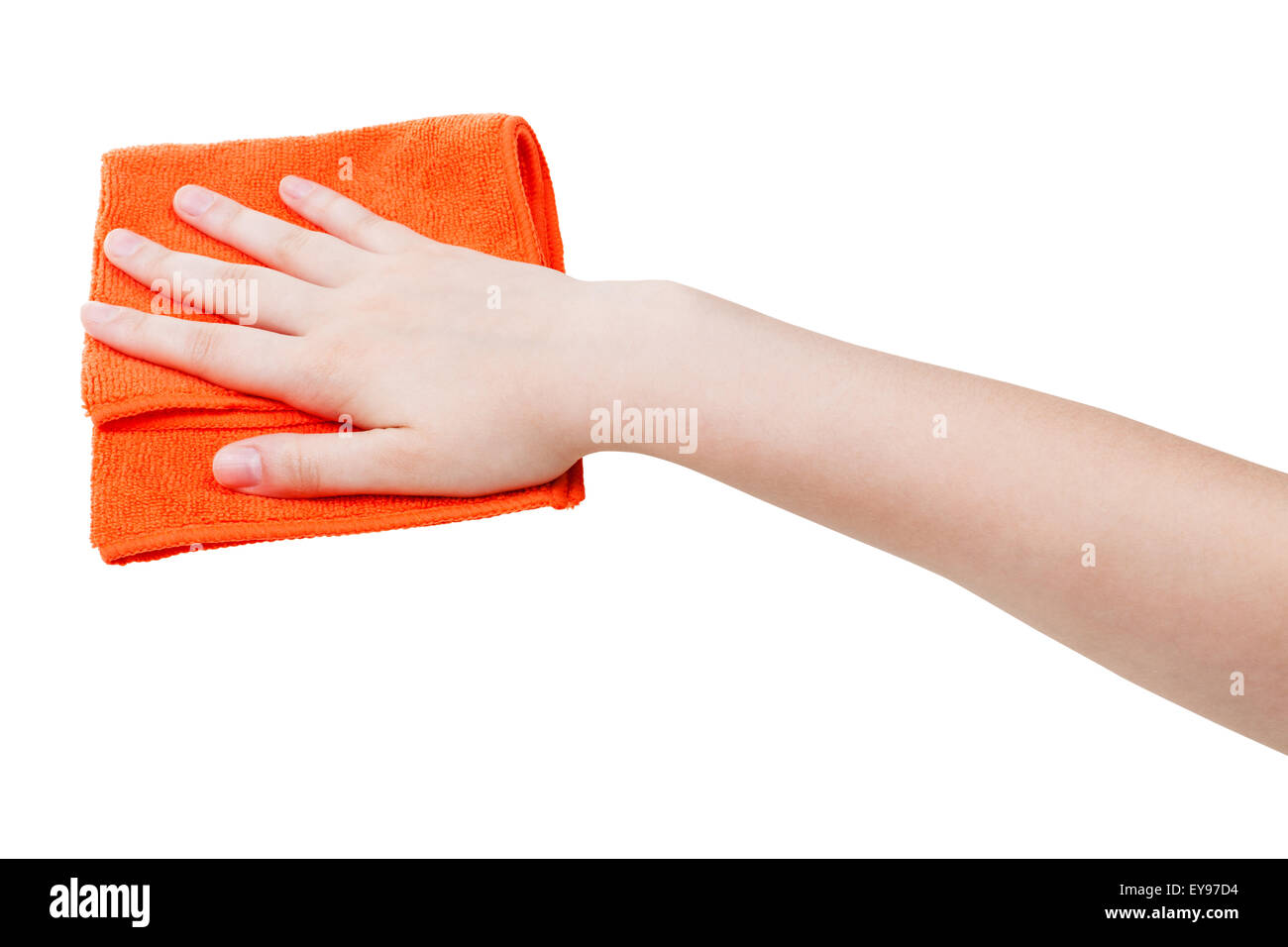 hand with orange wiping rag isolated on white background Stock Photo ...