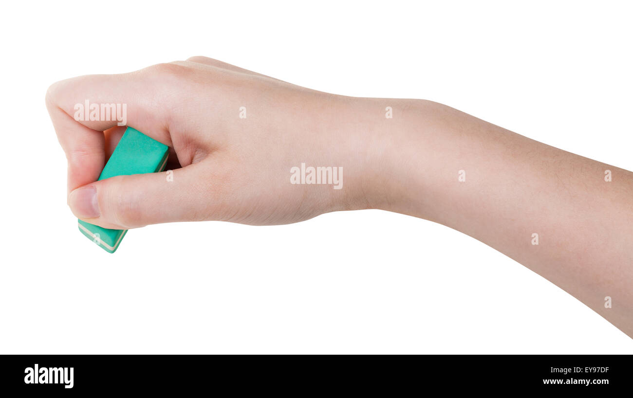hand with green rubber eraser isolated on white background Stock Photo ...