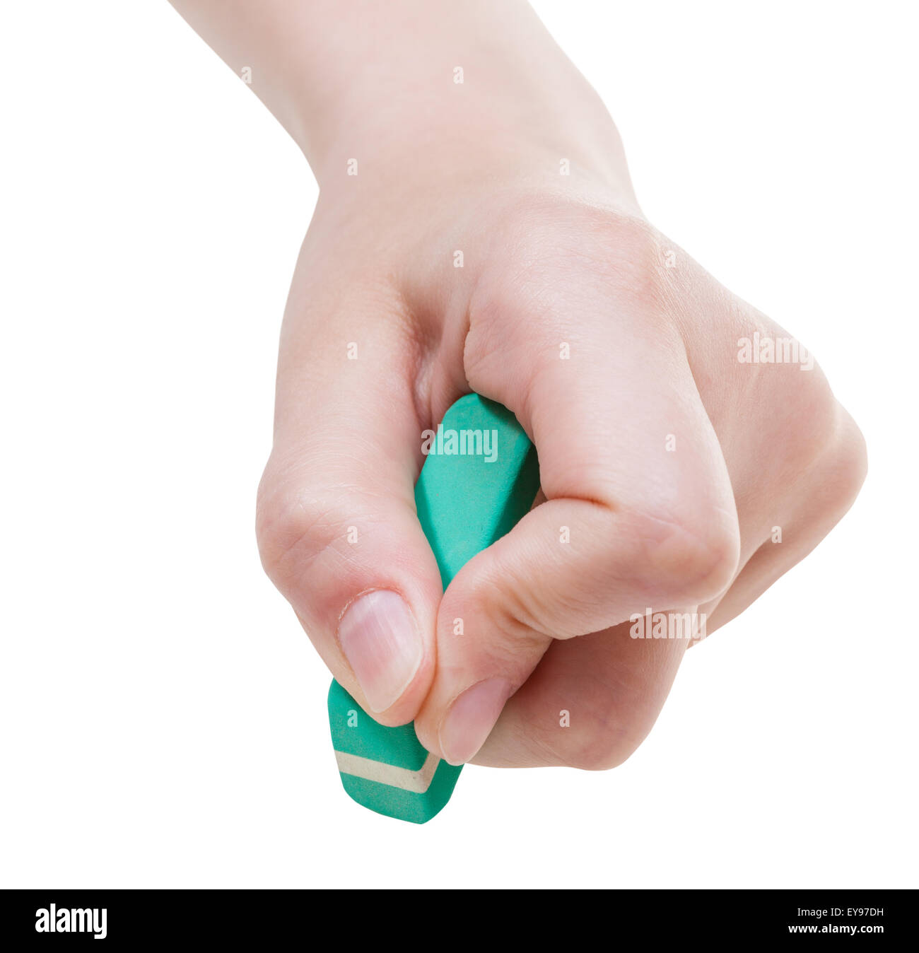 front view of hand with green rubber eraser close up isolated on white ...