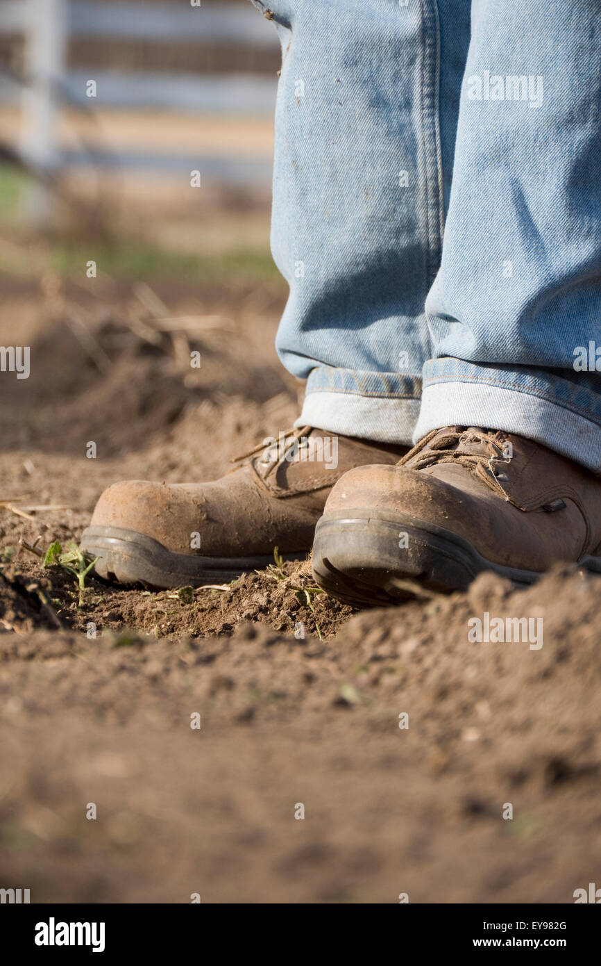 Farmer's boots standing in a freshly cultivated field of dark soil ...