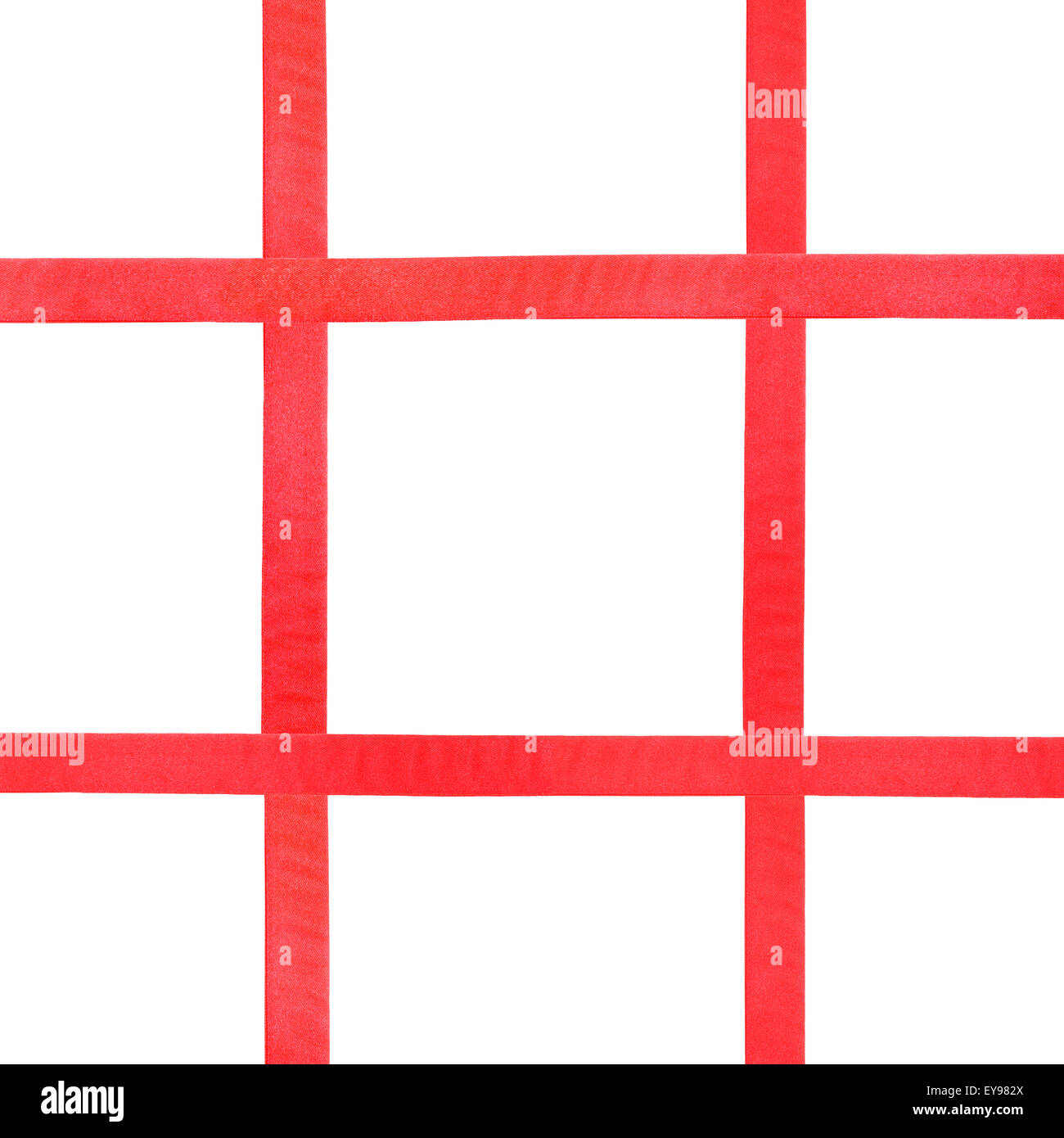 four red satin intersecting ribbons isolated on square white background ...