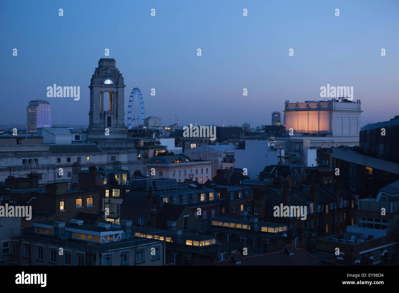 Rooftops of Covent Garden seen from Newton Street, with the London Eye ...