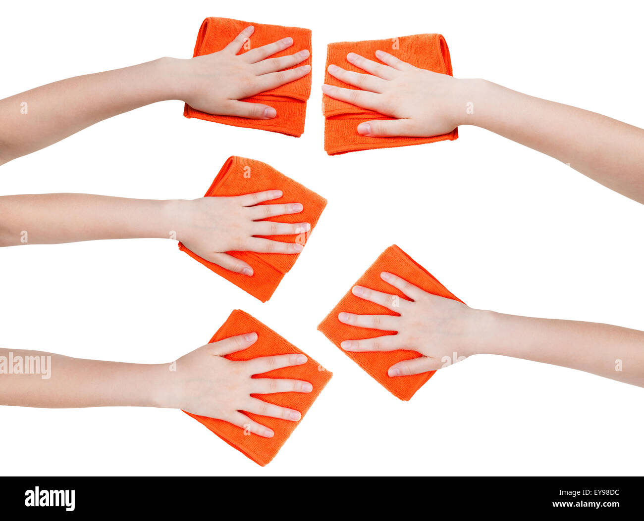 set of hands with orange microfibre rags isolated on white background ...
