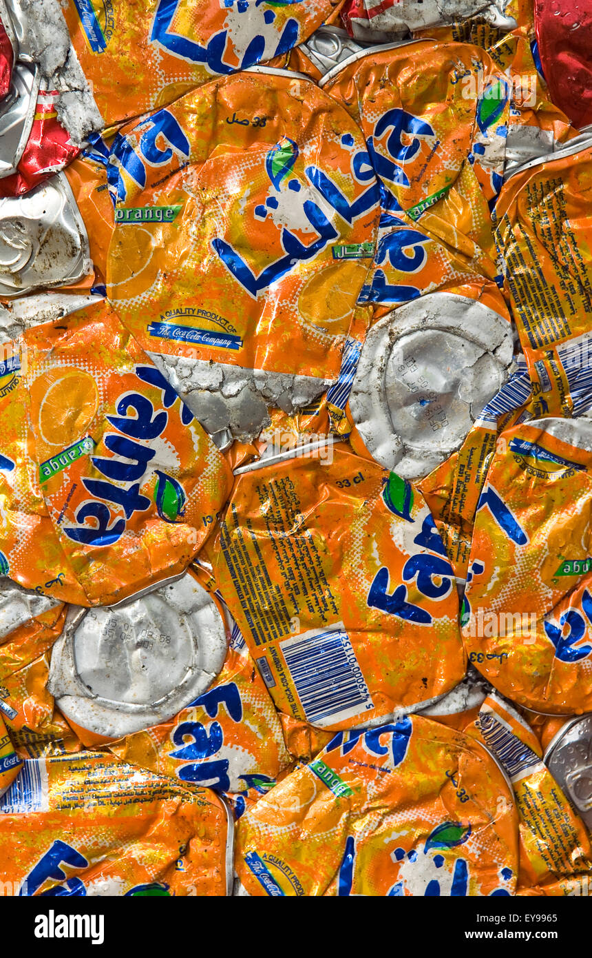 Preston, England. Close up on crushed Fanta orange drink tin cans ...