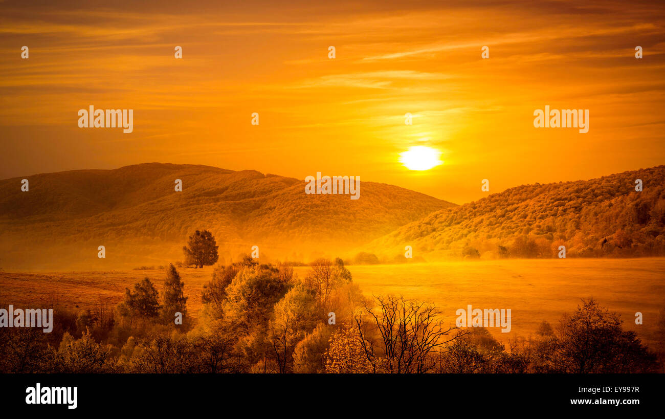 Golden sunrise over european mountains and forest Stock Photo - Alamy