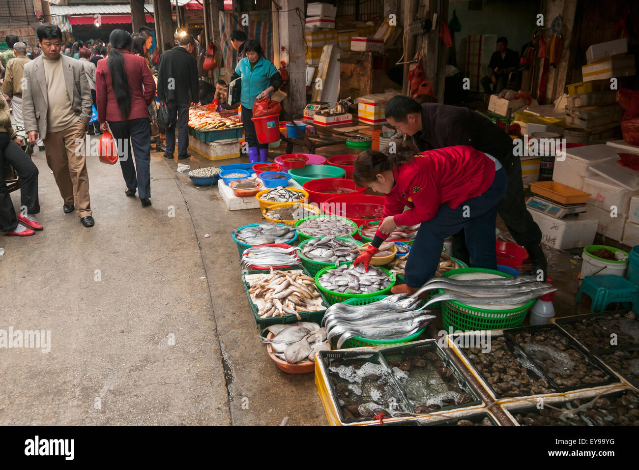 Seafood shops and people around in Bashi Market; Xiamen, Fujian ...
