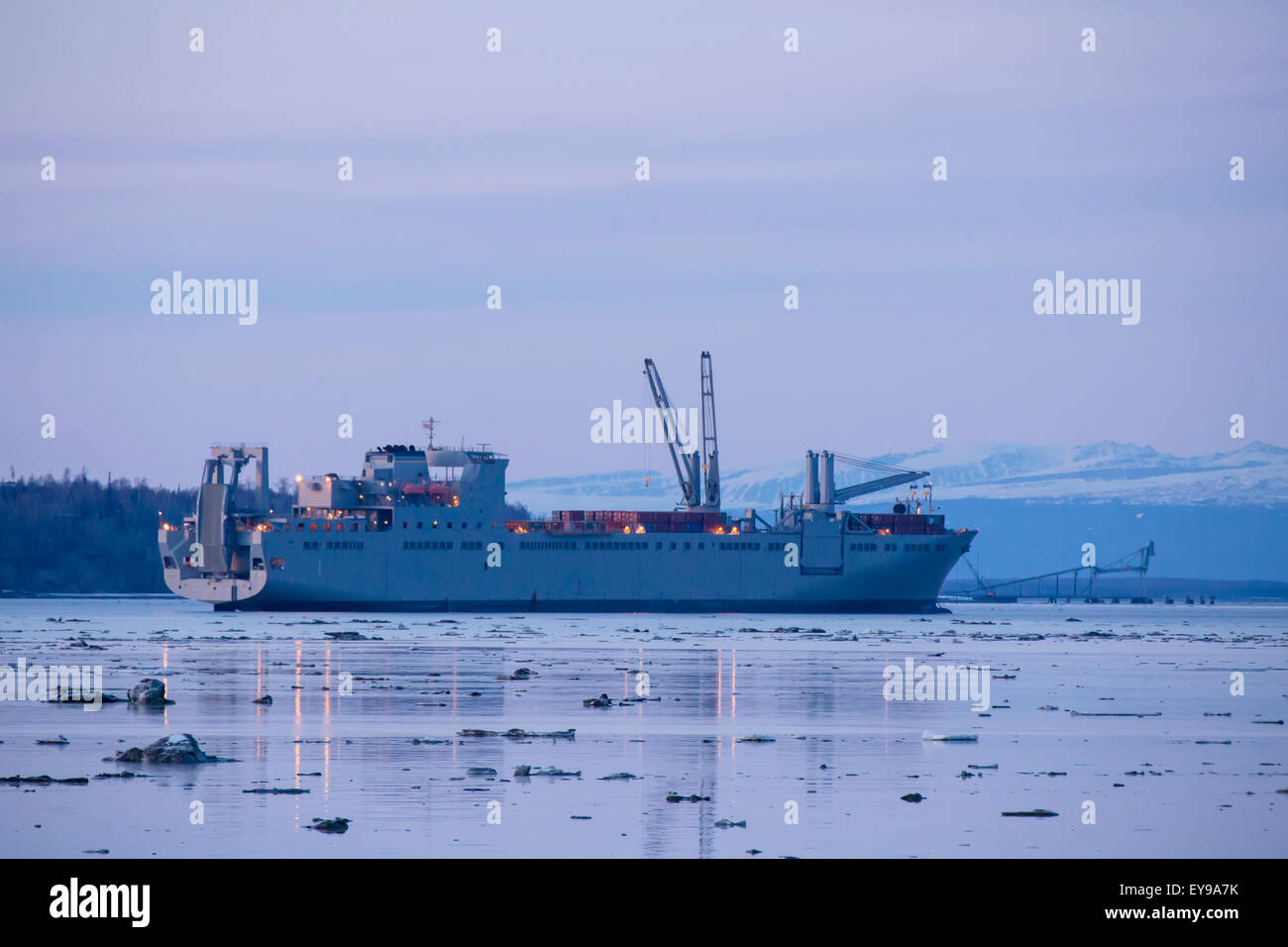 Military cargo ship traveling up Knik Arm to the port of Anchorage at ...