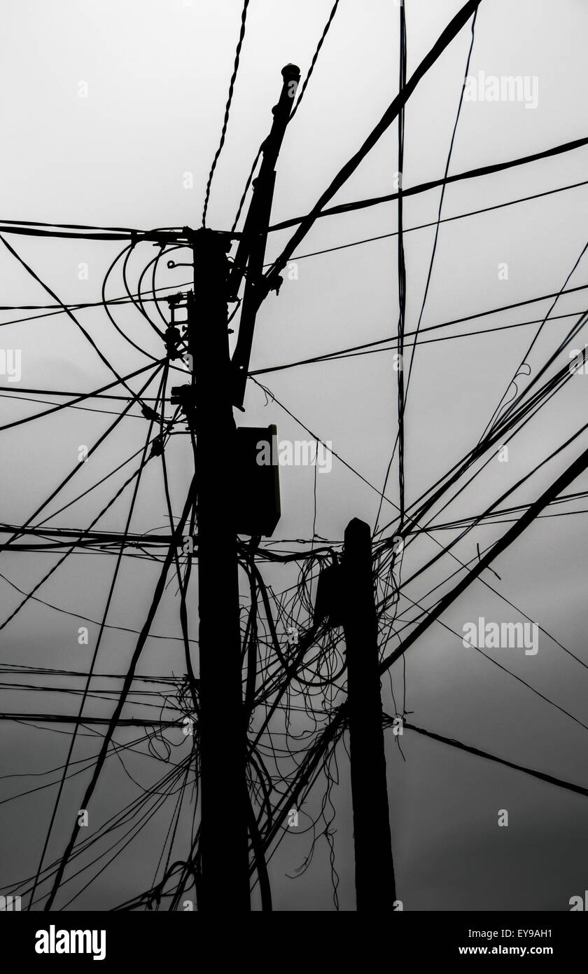 Dangerous Electricity Cables Pylon Stock Photo - Alamy