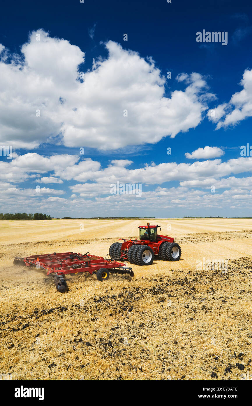 A tractor pulling a disc harrow works soil containing barley stubble ...