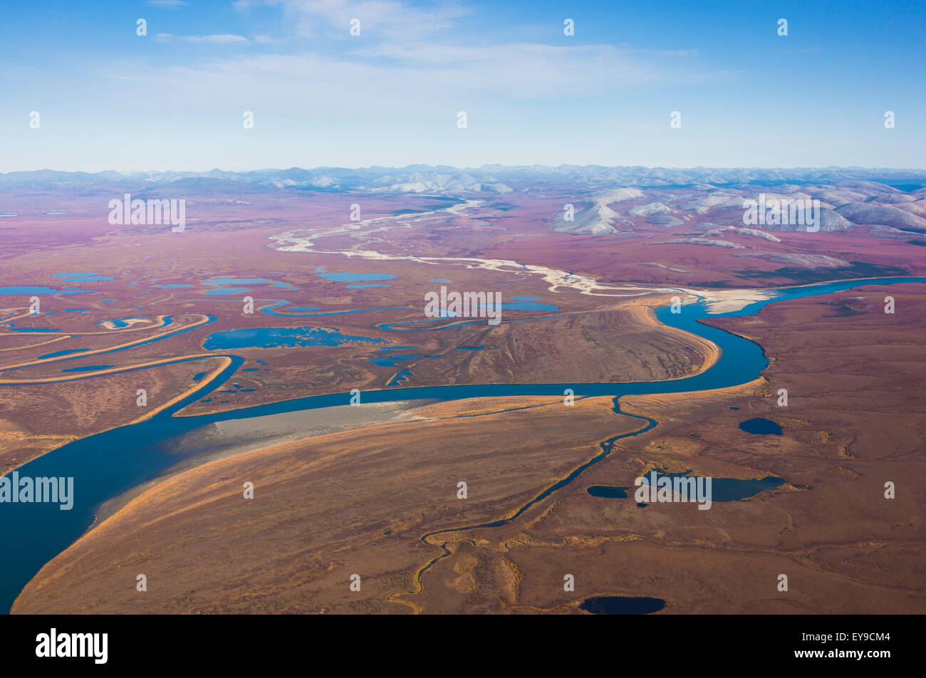 Aerial of the Noatak River, Igichuk Hills and the Baird Mountains in ...