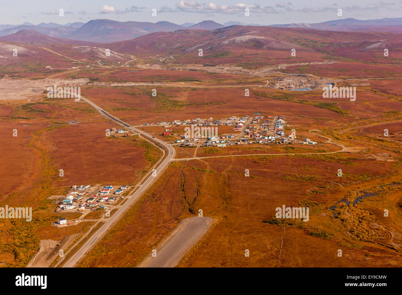 Aerial view of subdivisions in Nome and the colorful surrounding tundra ...