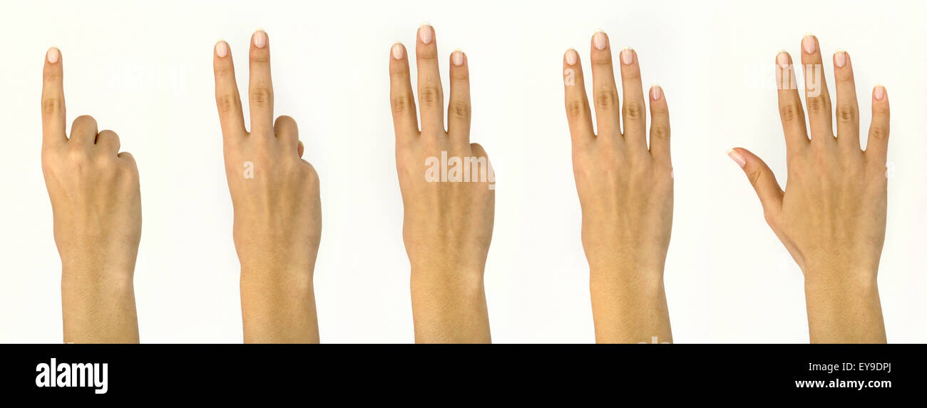 Female finger counting gesture Stock Photo - Alamy