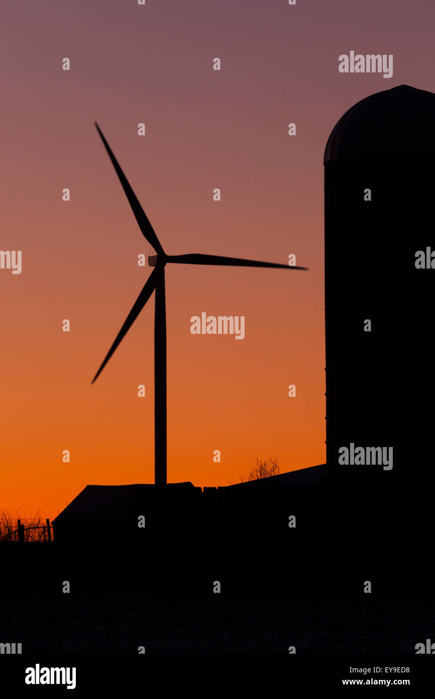 Elk Wind Energy Farm and silo at sunrise, near Edgewood; Iowa, United ...
