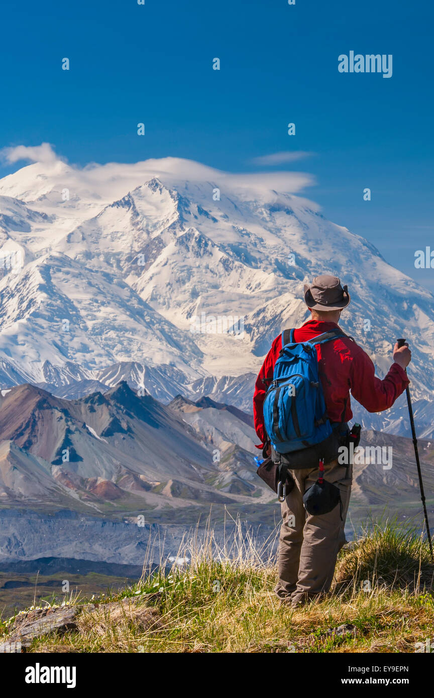 Hiker on a hillside in front of Mt. McKinley and Muldrow Glacier ...